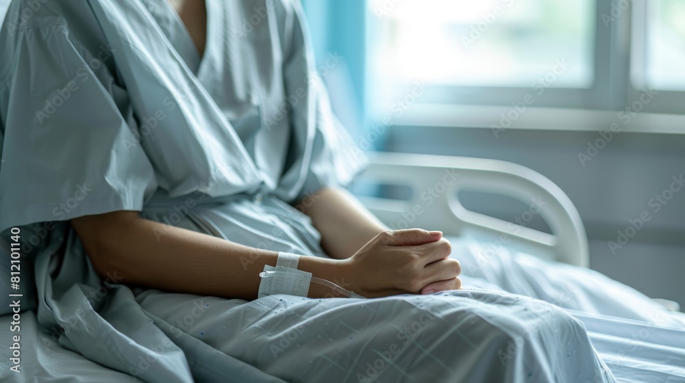 Crisp image of a patient s torso in a light gray hospital gown ...