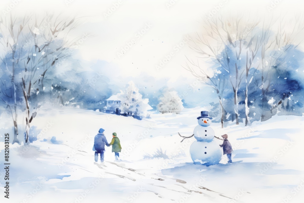 Watercolor of a serene snowy landscape, with children building a ...