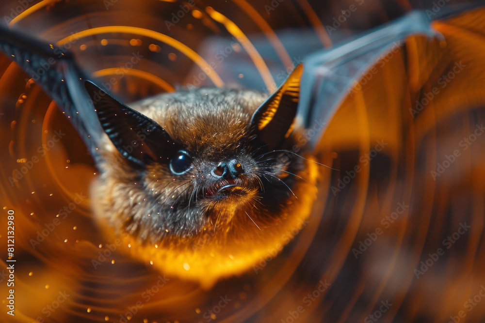 Artistic scene of a bat using echolocation, with sound waves visualized ...