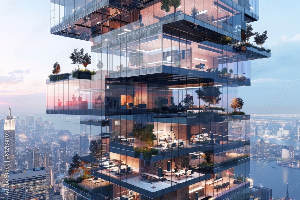Design a skyscraper that serves as a vertical coworking space, with ...