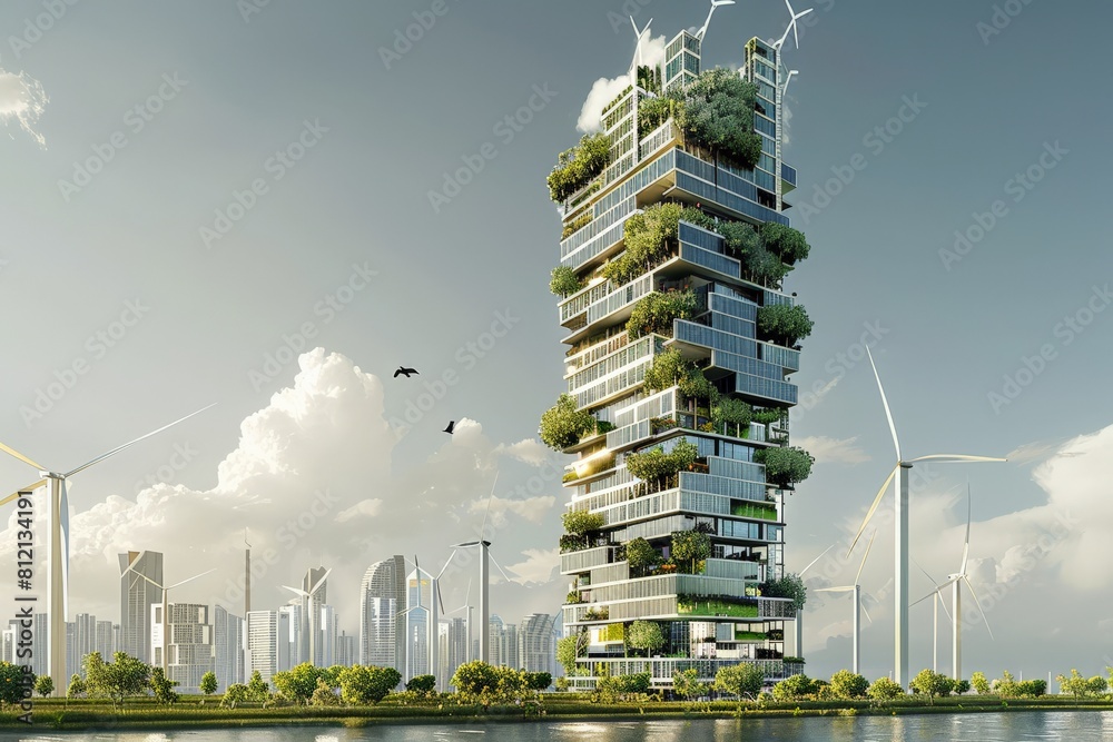 Design a skyscraper that serves as a vertical energy hub, with solar ...