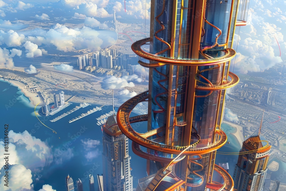 Develop a concept for a skyscraper that serves as a vertical theme park ...