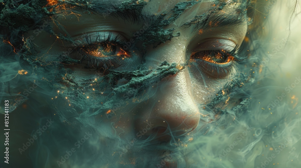 The image shows a woman's face with glowing red eyes and green smoke ...