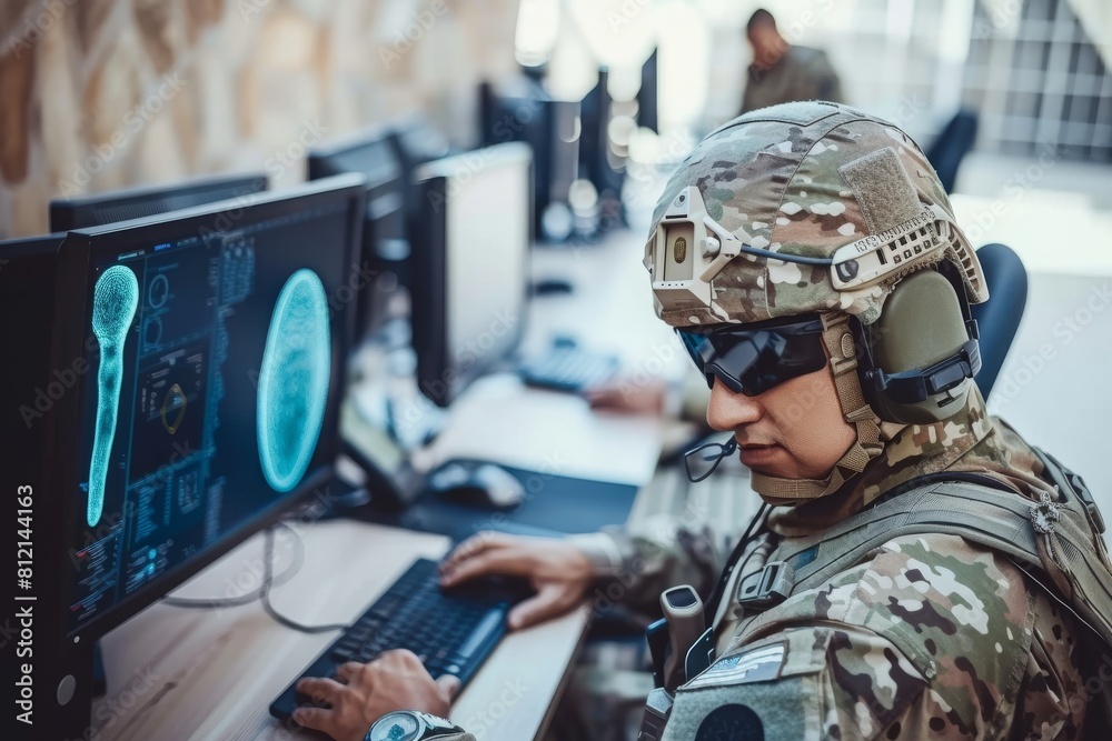Top secret Army soldier using computer for identification blue digital ...