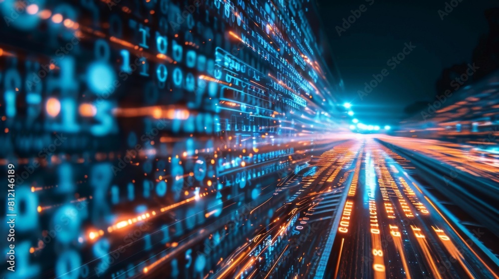 Digital data flow on road with motion blur to create vision of fast speed transfer . Concept of ...