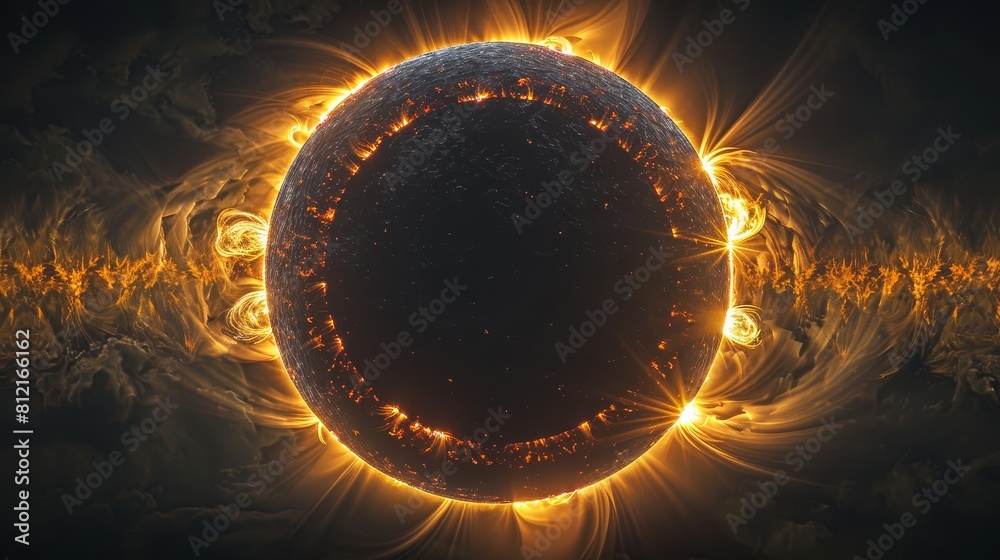 Black background, solar eclipse, flames on the edges of the sun The ...