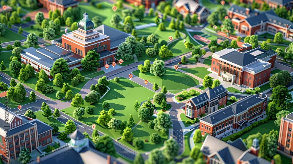 Detailed 3D University Campus Map with Labeled Facilities and Lush ...