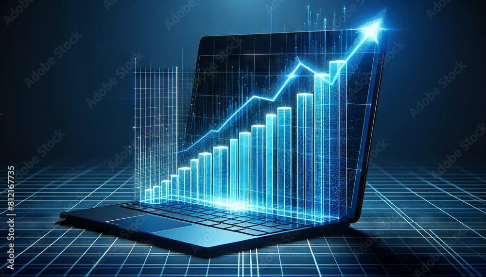 futuristic digital hologram of a bar chart ascending in height ...