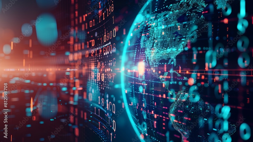 The graphical digital world background with an Earth globe and digital ...