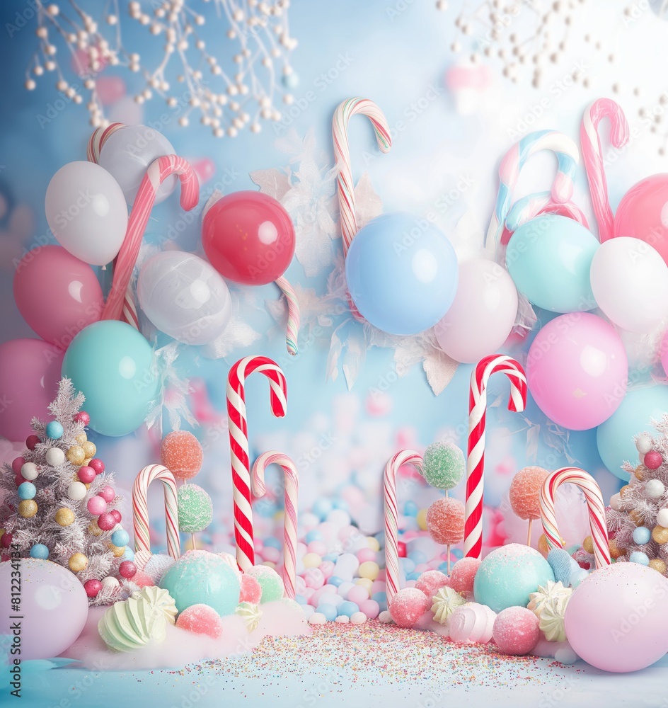 Whimsical Candyland Backdrop with Oversized Candy Canes and Lollipops for a Dreamy Cake Smash ...
