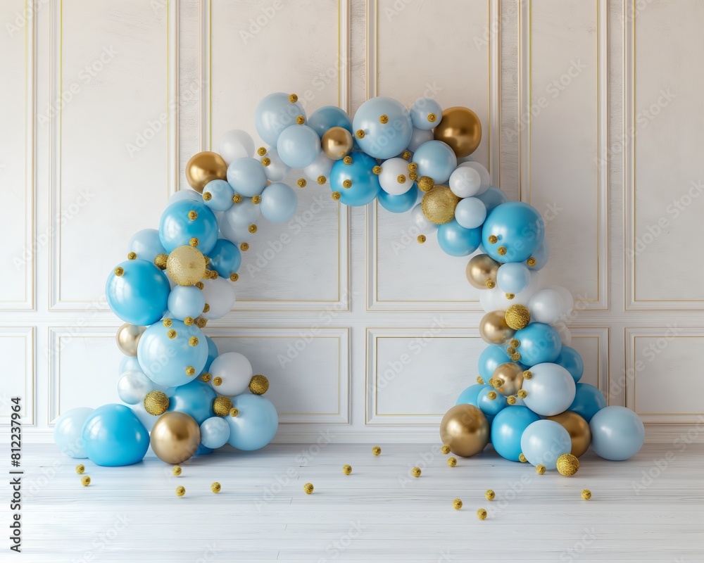 Elegant Light Blue and Gold Balloon Arch with Garlands Against White Wall Photography Backdrop ...