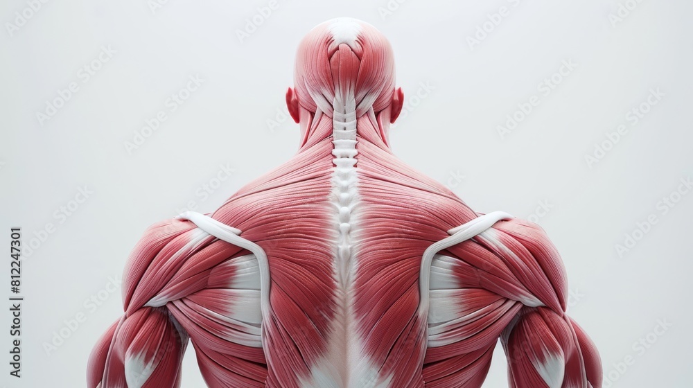 3D realistic illustration of the back muscular system on a white ...