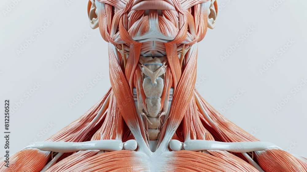 3D realistic illustration of the neck muscular system on a white ...