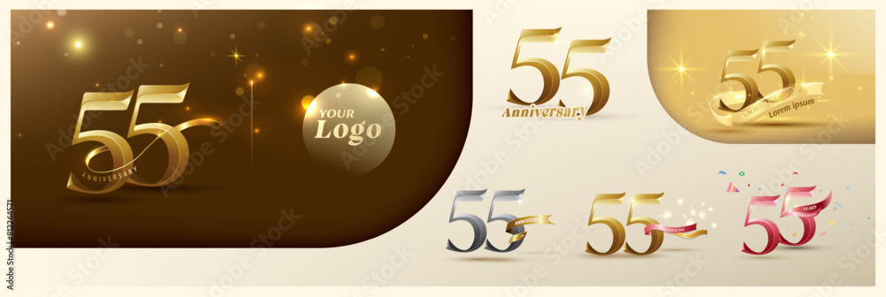 55th anniversary logotype modern gold number with shiny ribbon ...