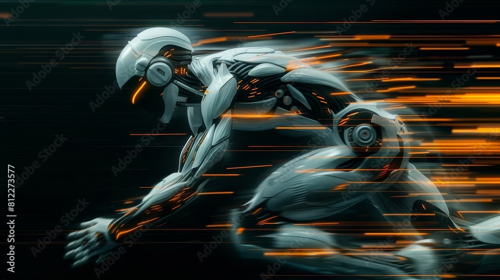 Conceptualize a cyborg athlete in motion, its mechanical limbs blurred ...