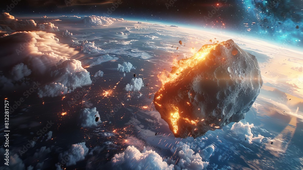 Depict an asteroid hurtling through space, its surface rough and ...