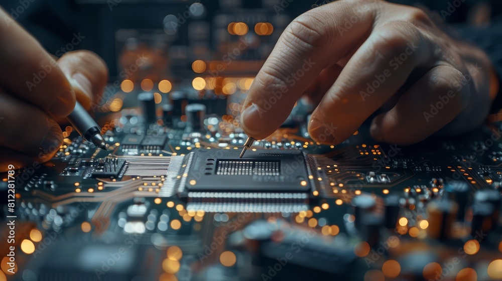 Depict an electrical engineer designing a new circuit board, carefully ...