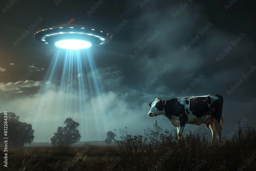 Alien UFO abducting a cow, capturing science fiction moment of animal abduction by alien ...