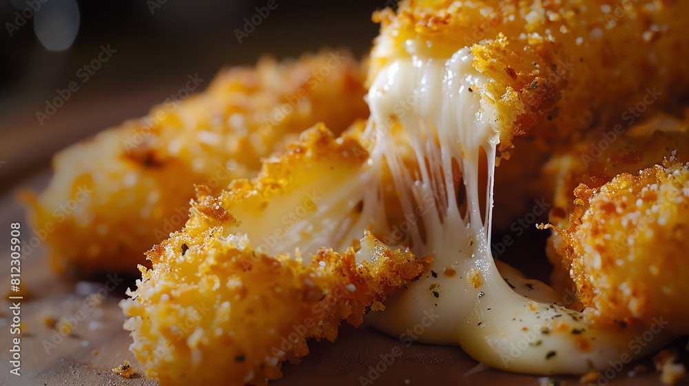 A closeup of a mozzarella stick being pulled apart, with melted cheese ...