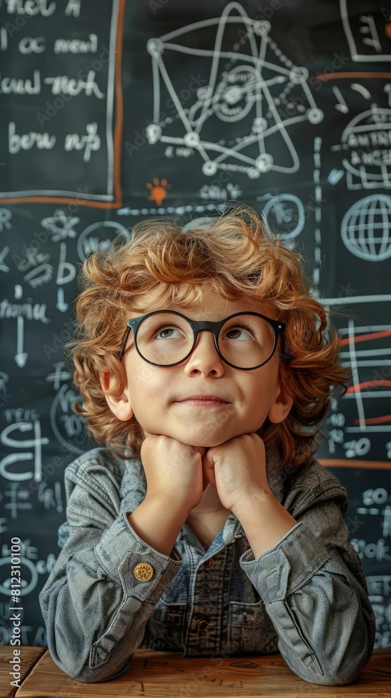 Little boy in glasses looking at blackboard with math formulas and ...
