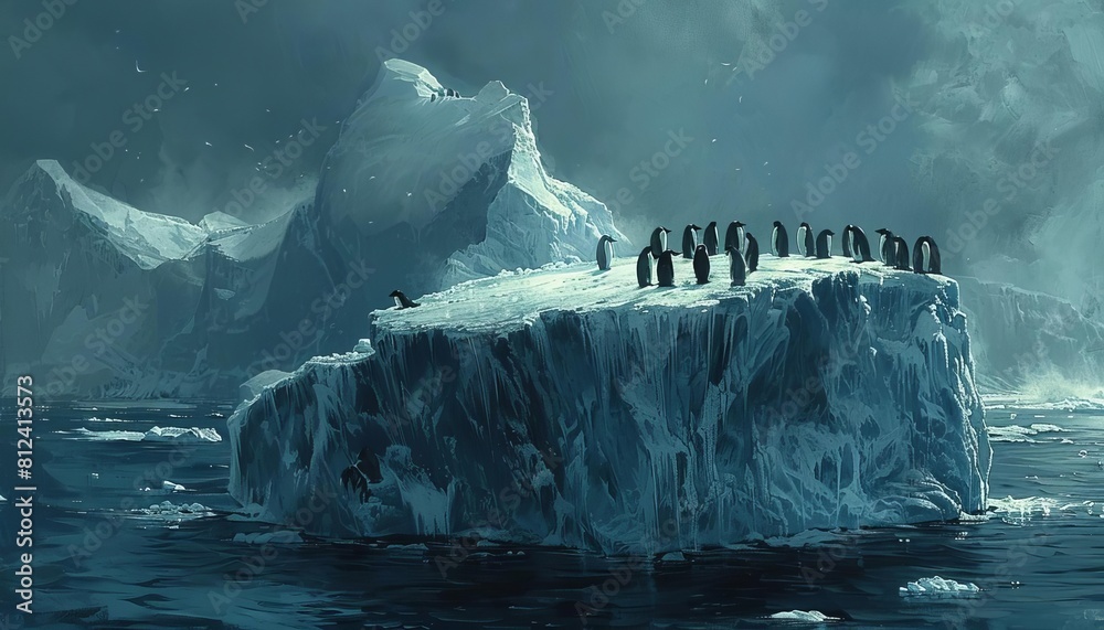 Represent a colony of penguins huddled together on an Antarctic iceberg ...