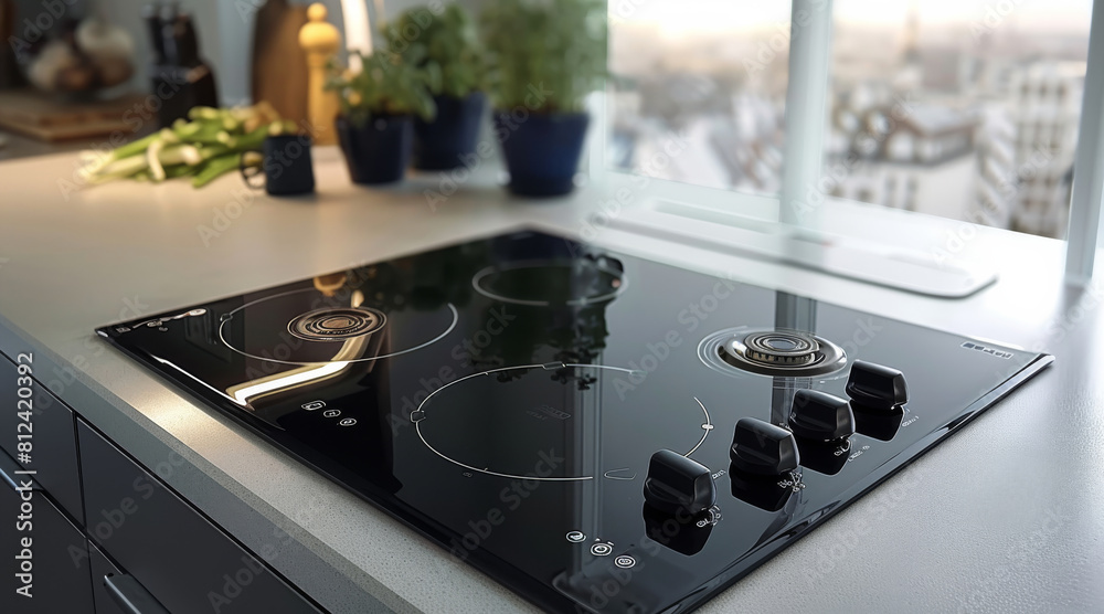 A black glass ceramic hob with three touch control buttons, on top of a ...