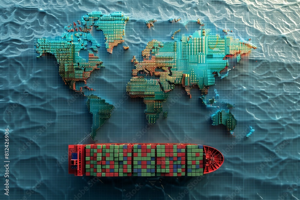 Aerial top view of cargo maritime ship with contrail in the ocean ship ...