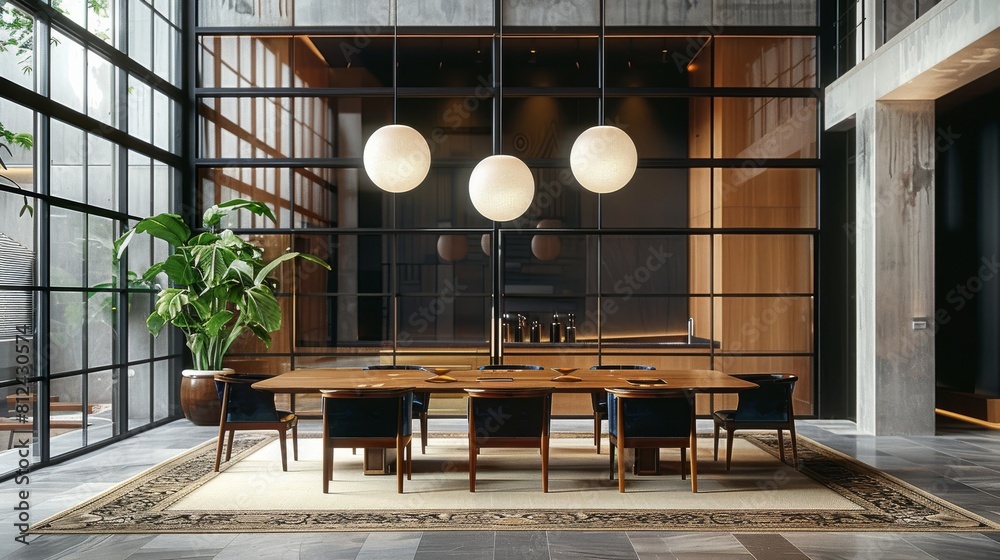 A long low concierge table with four chairs in front of a wall of black ...