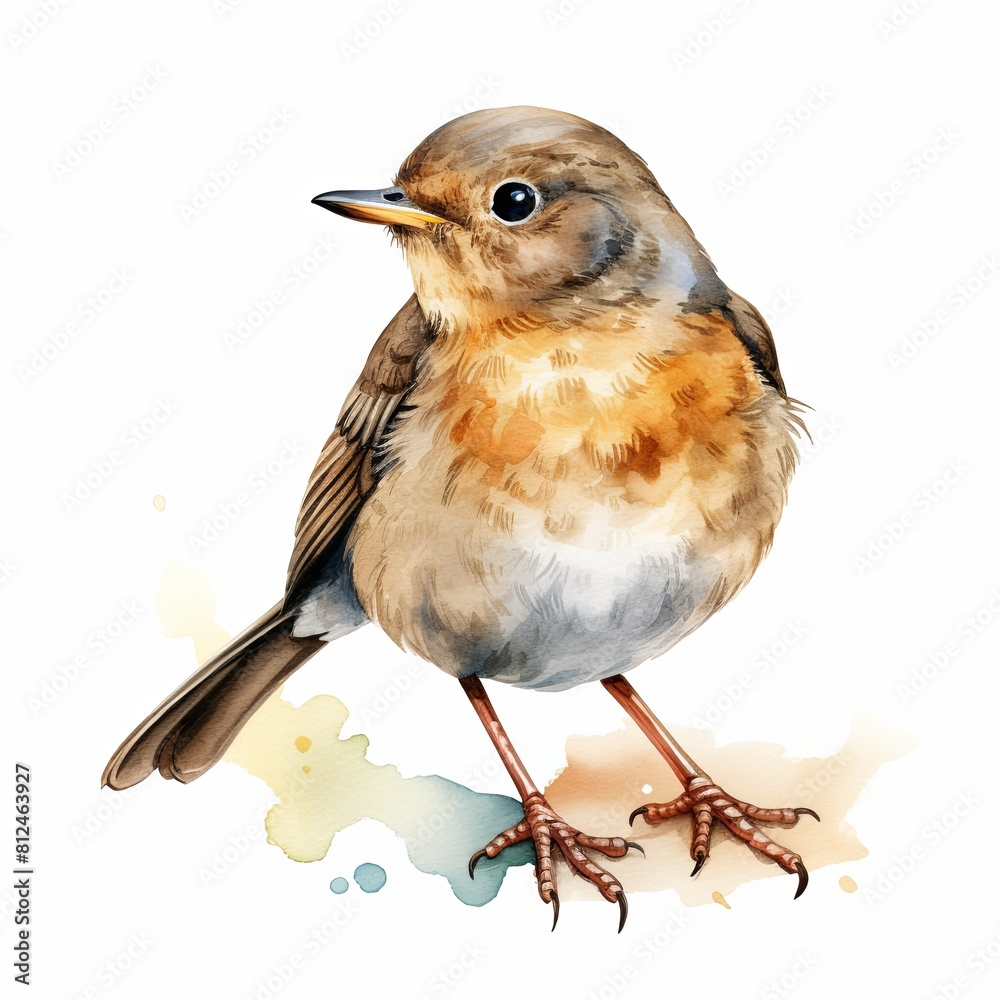 Cute cartoon watercolor image of a tiny thrush, single object, dicut ...