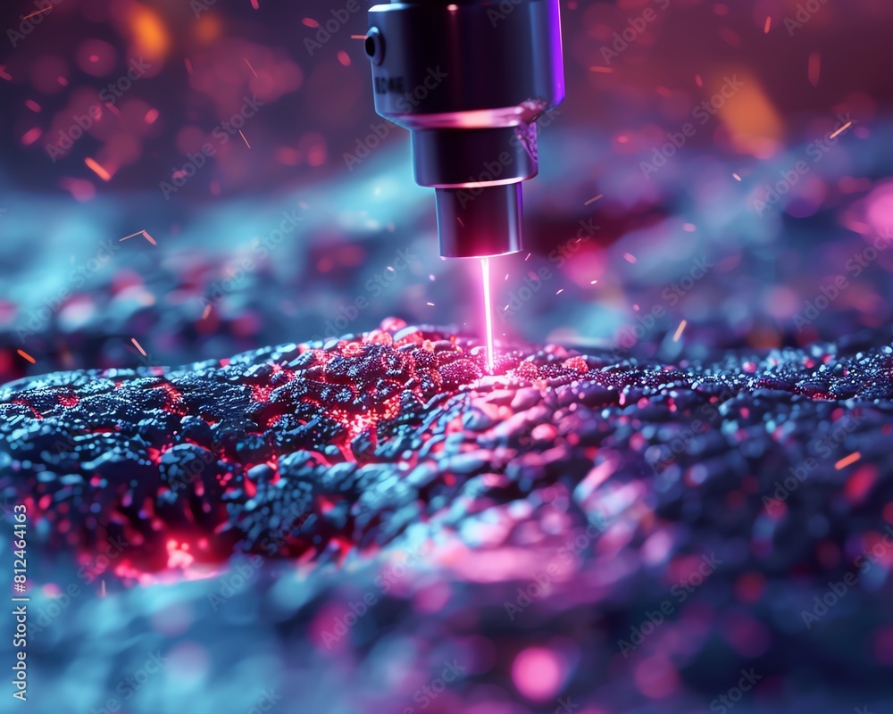 Closeup of a laser device ablating a tumor in soft tissue, side view ...