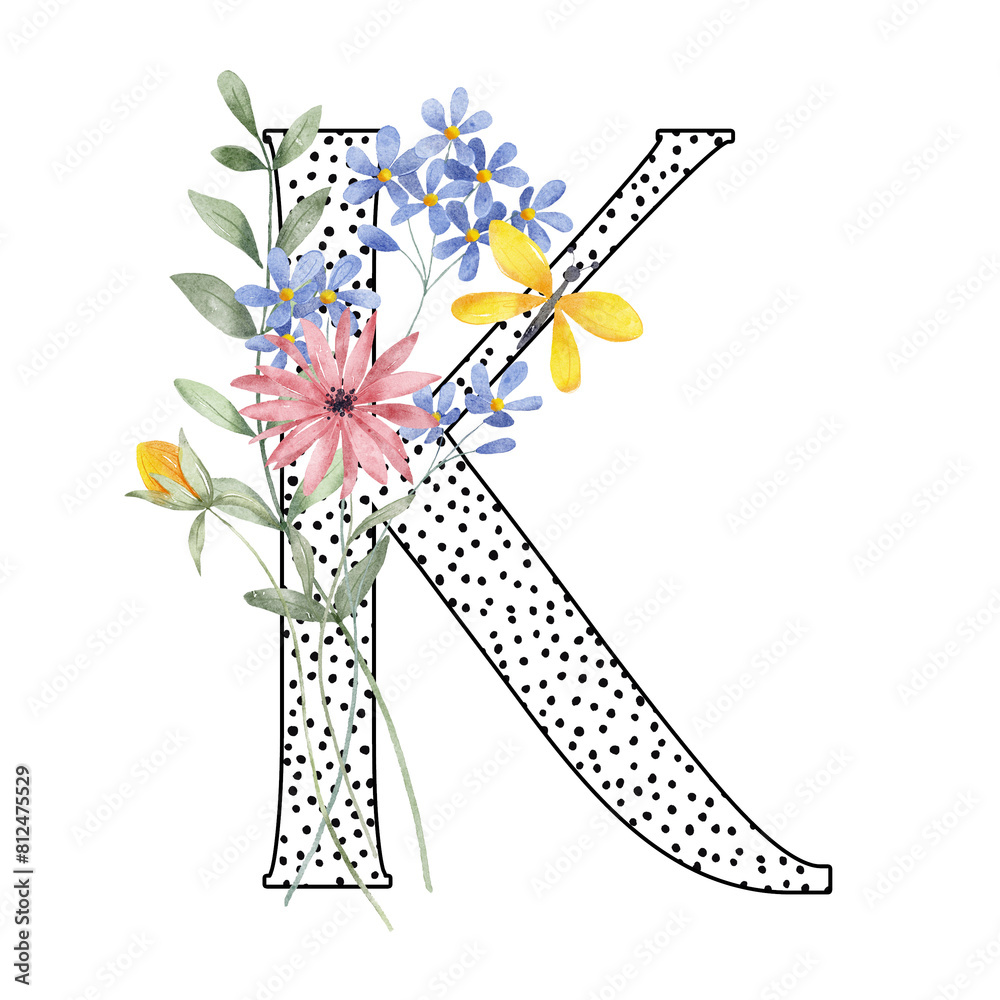 Letter K, floral monogram with watercolor wild flowers and leaf ...
