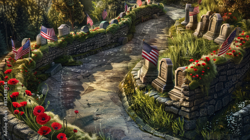 An artistic view of a curved path through a cemetery lined with ...