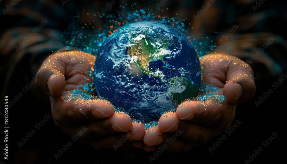 Earth nestled in hands made of digital pixels, illustrating the digital ...