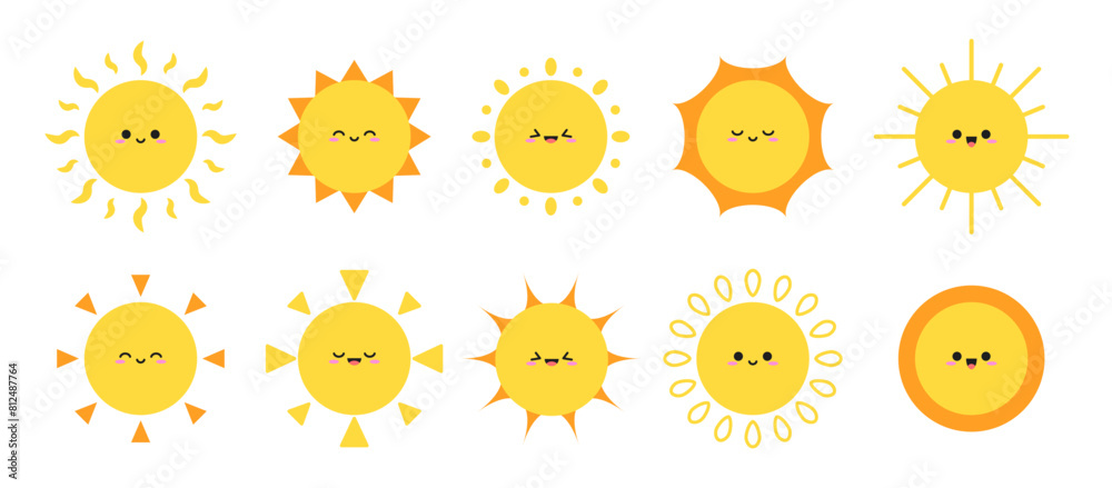Cute shining sun smiling face emoji sun icons collection childish ...