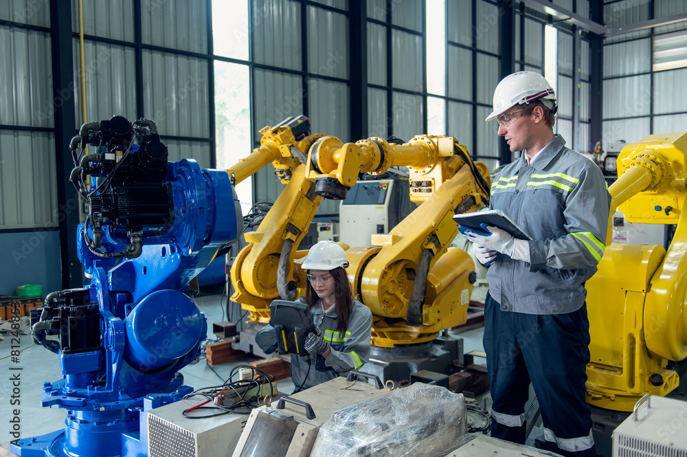 Engineer inspection control a robot arm welding machine with a remote ...