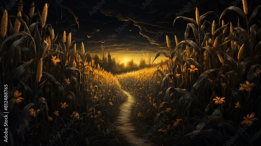 Nighttime cornfield with narrow paths and hidden creatures glowing eyes ...