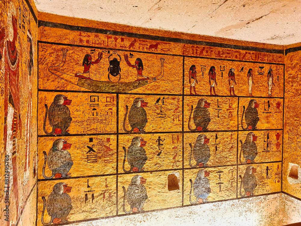 Painted wall panel of 12 Baboons from the Funerary text book of Amduat ...