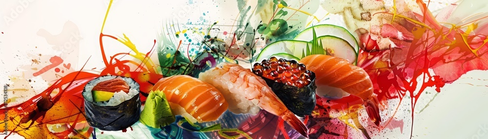 A vibrant collage of sushi varieties, artfully blended with Japanese ...