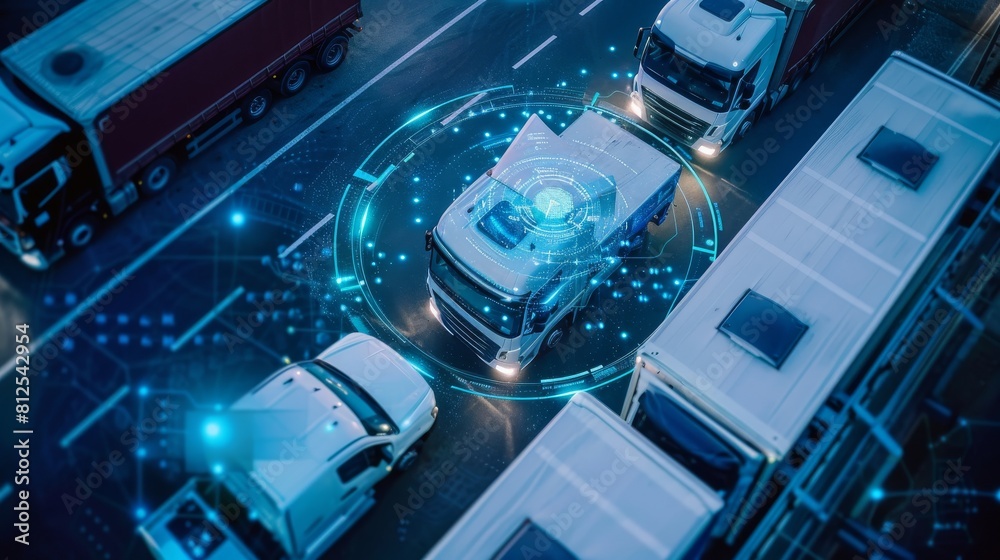 Overhead shot of a fleet management center with vehicles being tracked ...