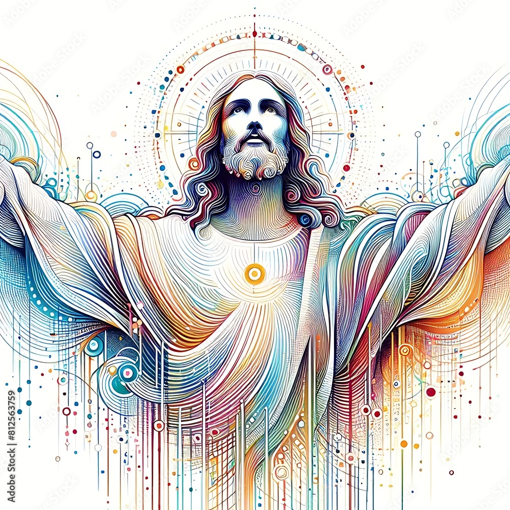 A colorful drawing of a jesus christ with his arms outstretched image ...