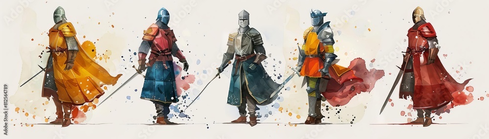 Costumed Characters medieval knights flat design side view historical ...
