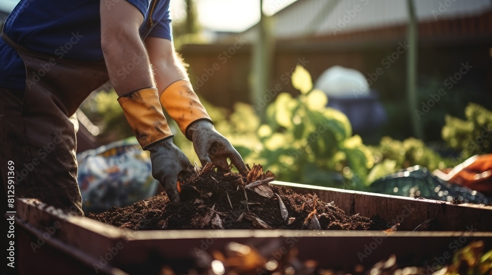 Person composting food waste in backyard compost bin garden Stock Photo ...