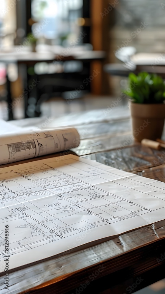Architectural blueprint on desk with business planning elements in ...