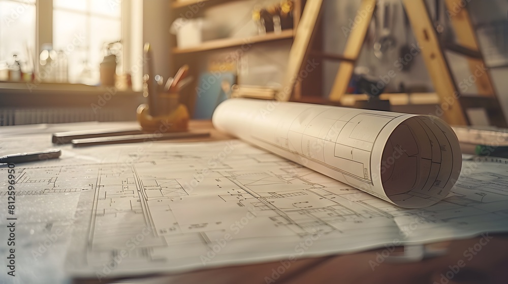 Architectural Drawing on Desk with Construction Tools and Equipment for ...