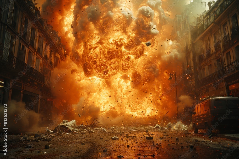 A dramatic image capturing an immense fireball explosion amidst urban ...