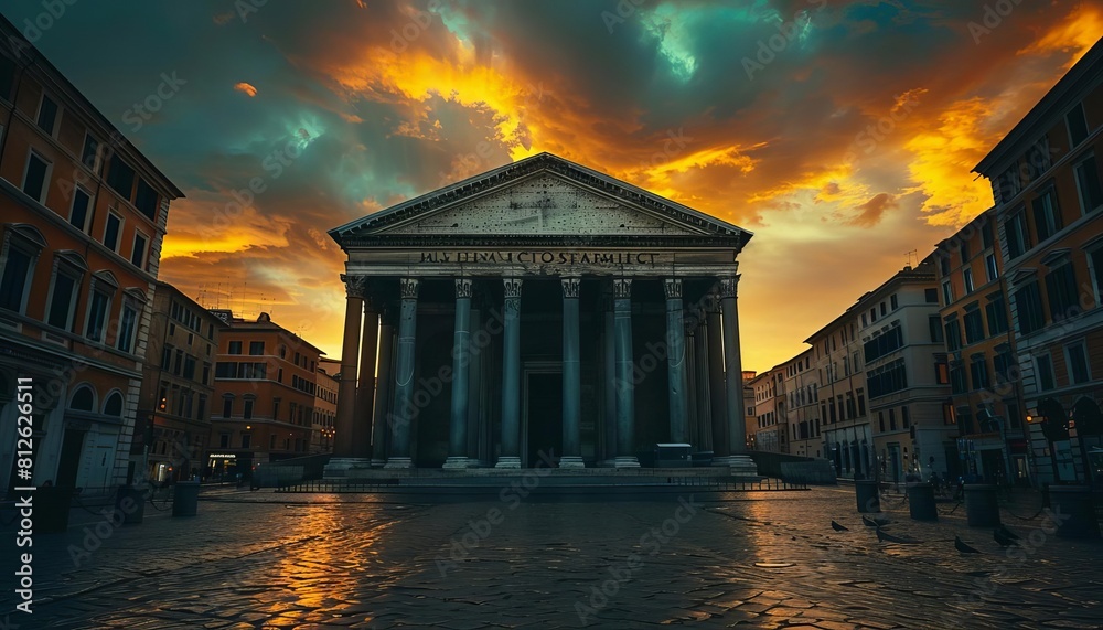 Visualize the majestic Pantheon in Rome, its grand dome casting ...