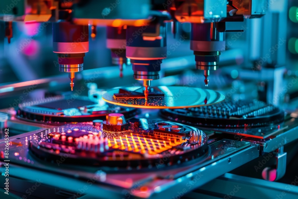 Semiconductor Wafer after Dicing Process. Silicon Dies are Being Extracted by Pick and Place ...