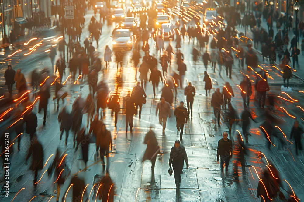 Dynamic motion of a crowd streaming through a city street, with light ...