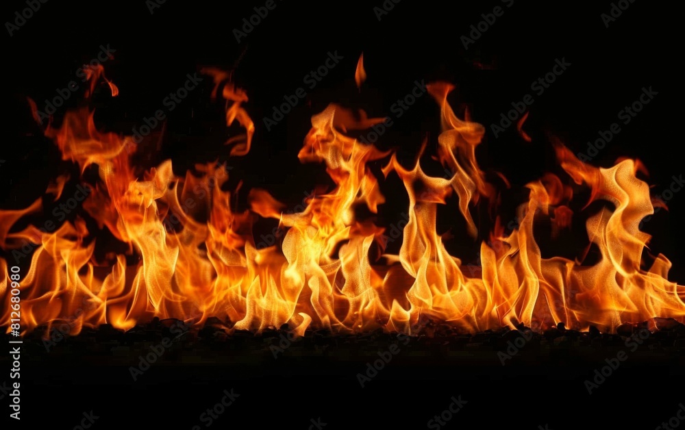 Fire flames collection on black background, movement of fire flames ...