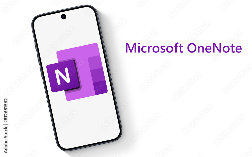 OneNote logo displayed on a modern smartphone laying on a white ...